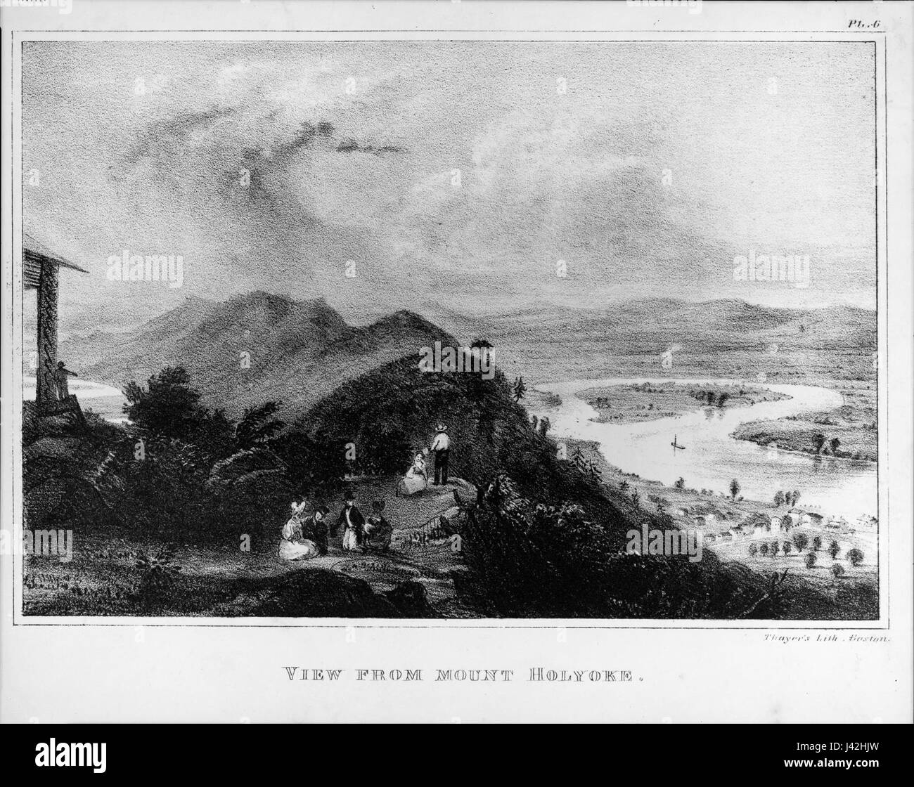 The lithograph 'View from Mount Holyoke' captures a scenic panorama of ...