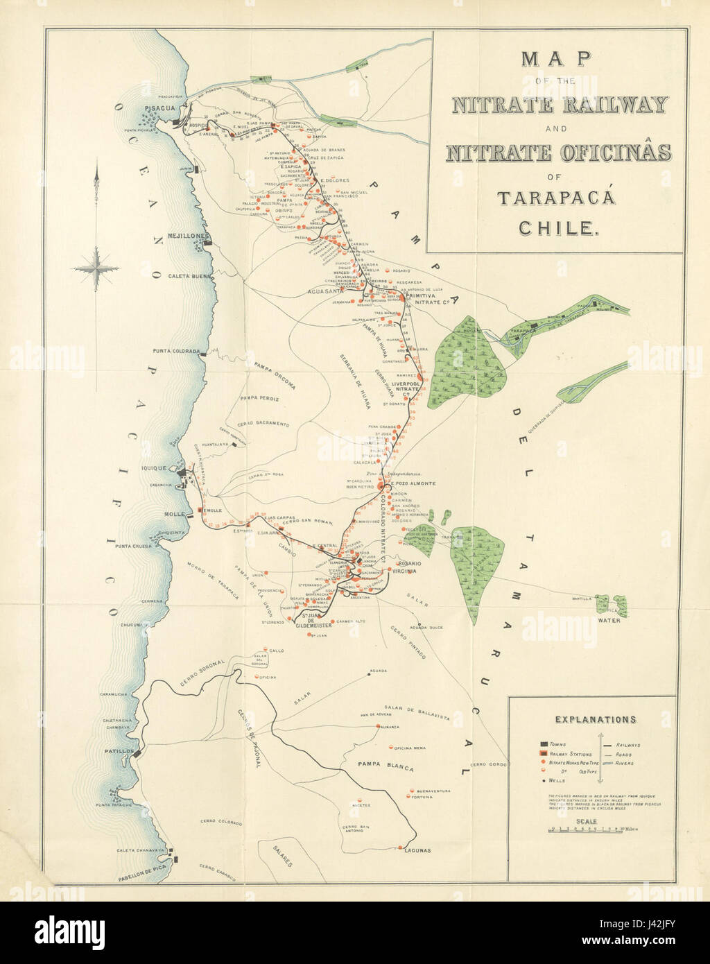 The map of 'Oficinas Salitreras del norte de Chile' from 1890 ...