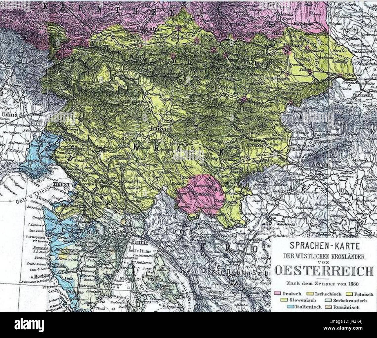 This map, titled 'Krain Schprachen Karte,' from 1880, illustrates the ...