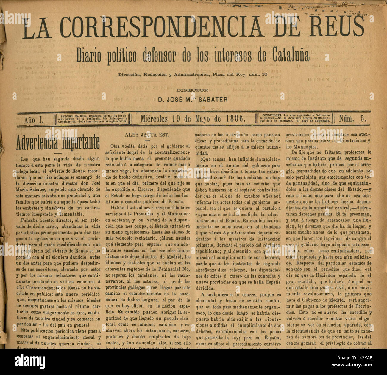 A historical Spanish newspaper, La Correspondencia de Reus, documenting ...