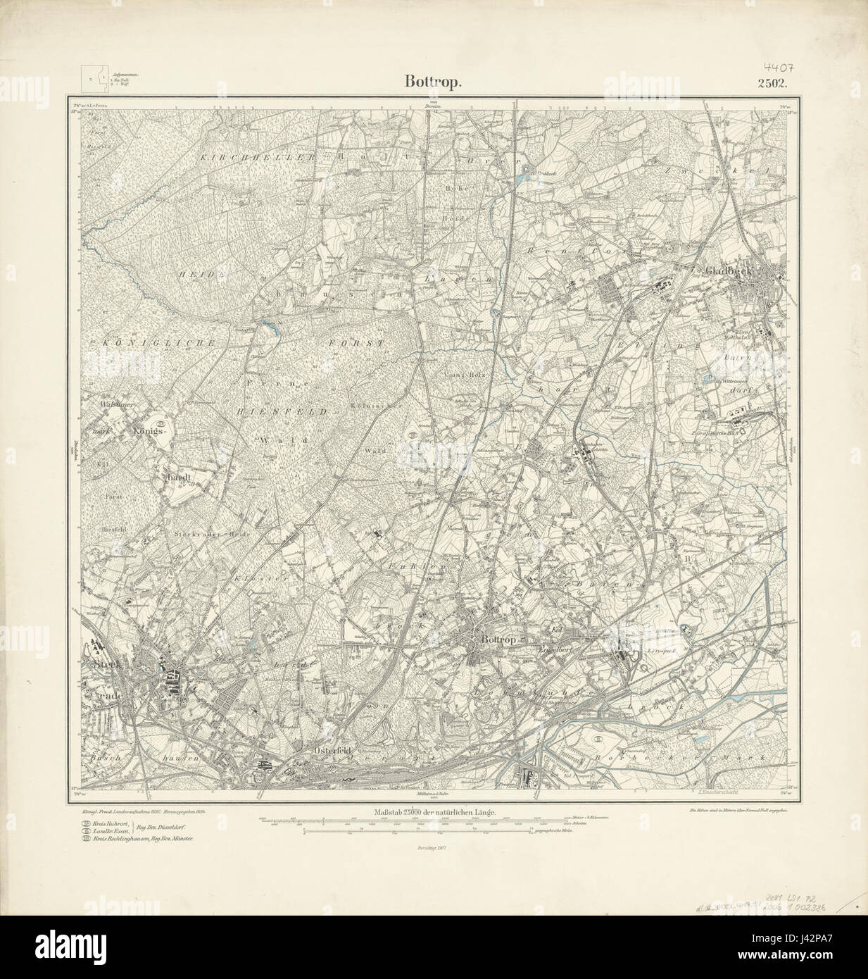 The 'Messtischblatt 4407 Bottrop 1907' is a topographic map from 1907 ...