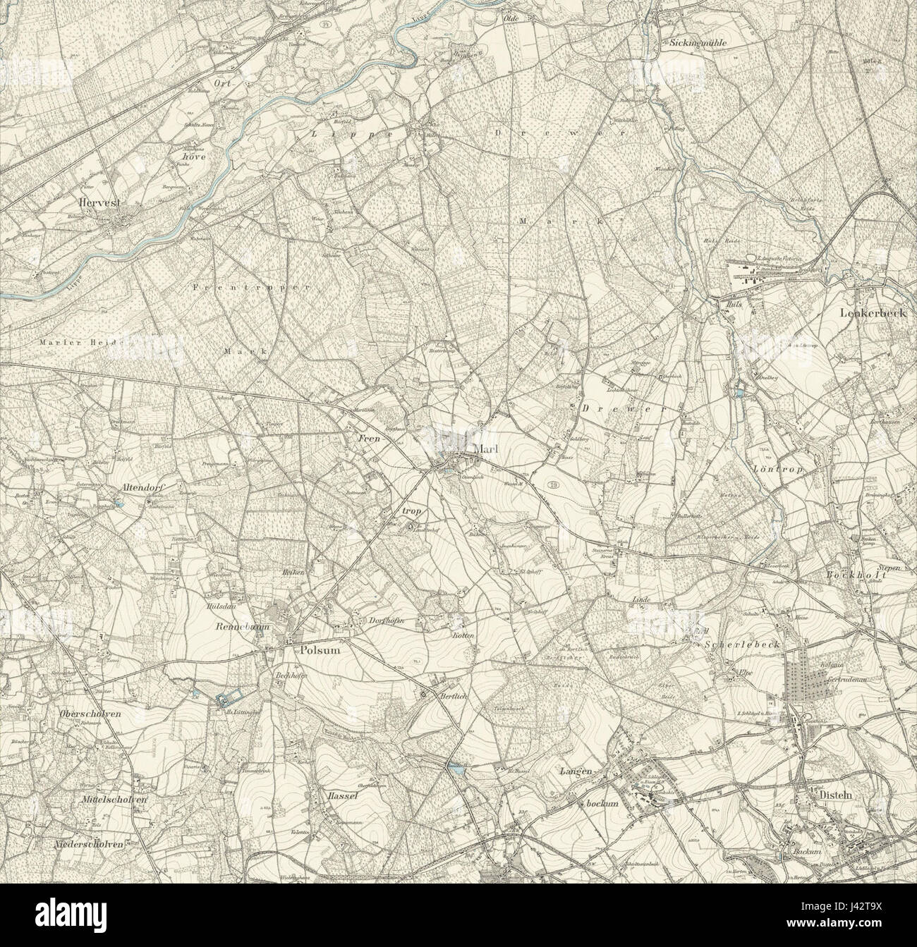 This 1907 Messtischblatt map of Marl, Germany, provides a detailed ...