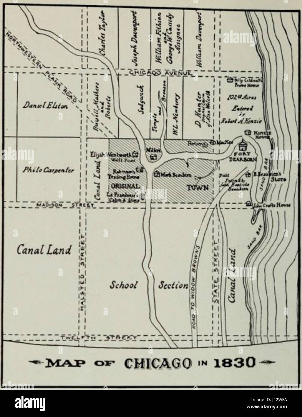 This map of Chicago from 1830 shows the early urban layout of the city ...
