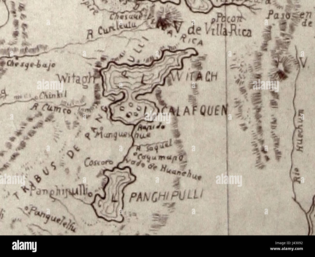 This historical map from 1870 depicts Lago Calafquen and Panguipulli ...