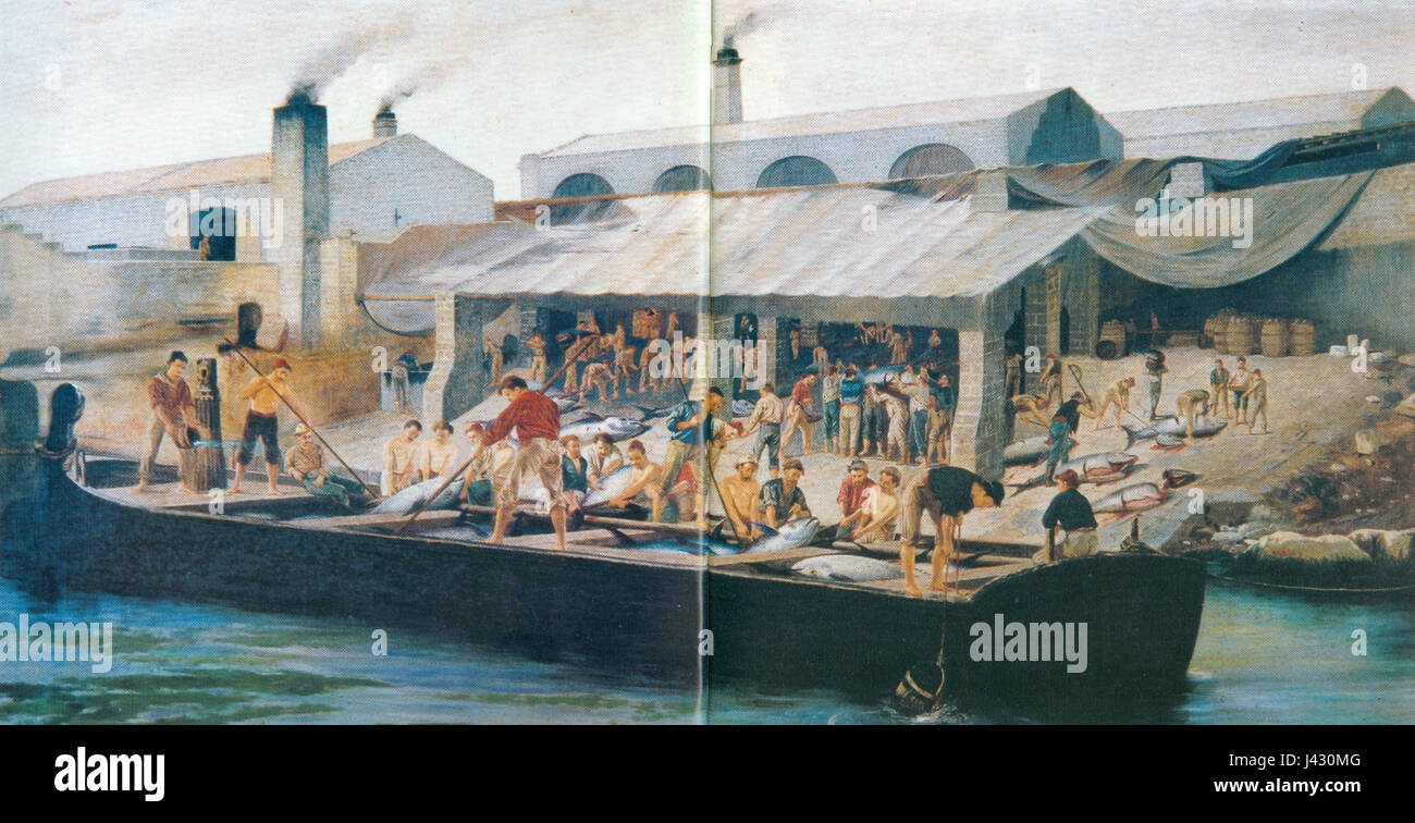 The painting by Antonio Varni depicts the traditional tonnara (tuna ...