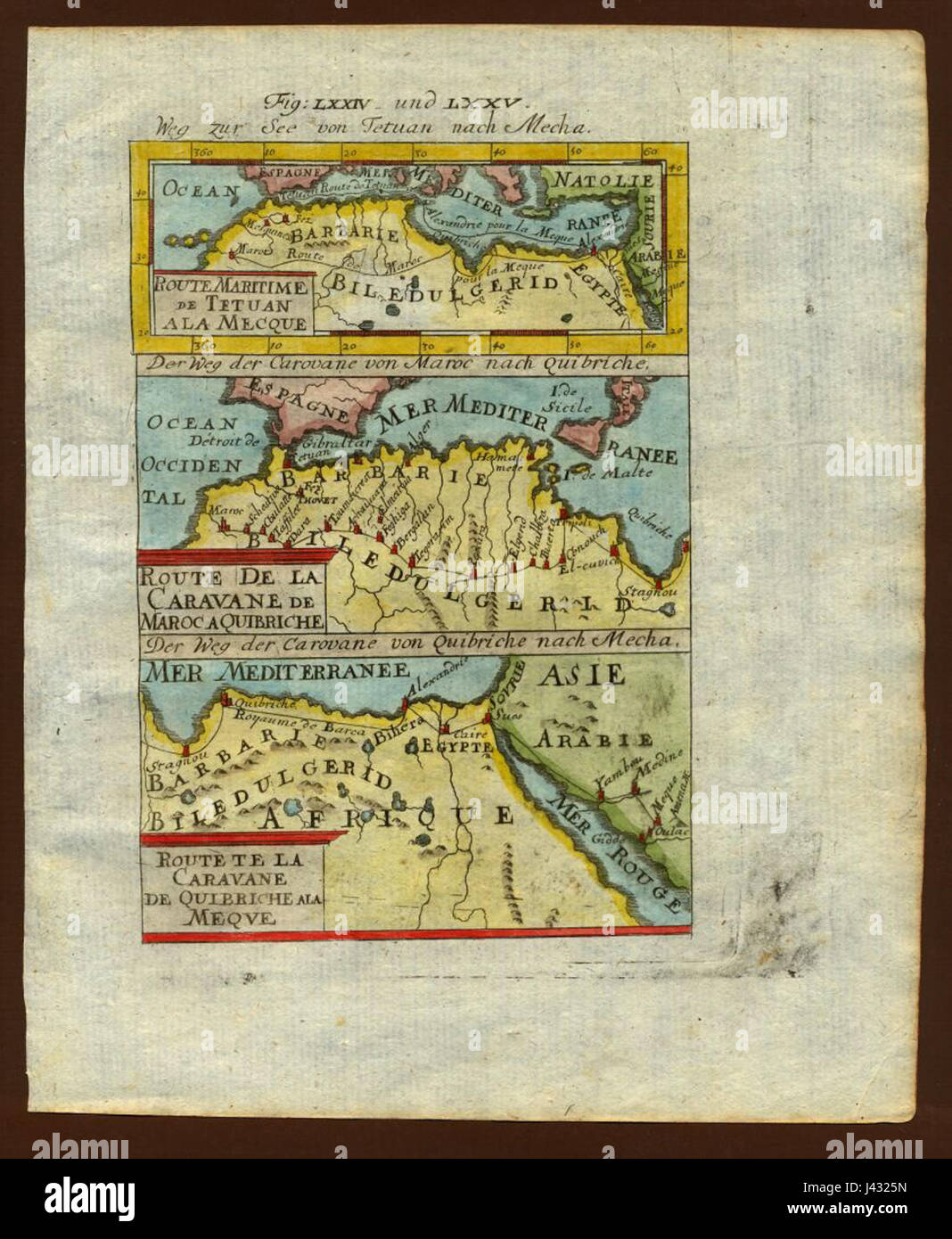 A 1719 map illustrating the caravan routes leading to Mecca ...