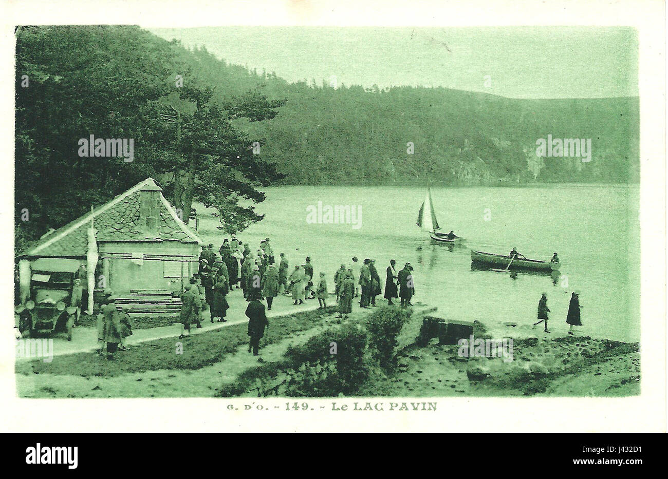 A postcard image of Lac Pavin, located in France, dated circa 1929. The ...