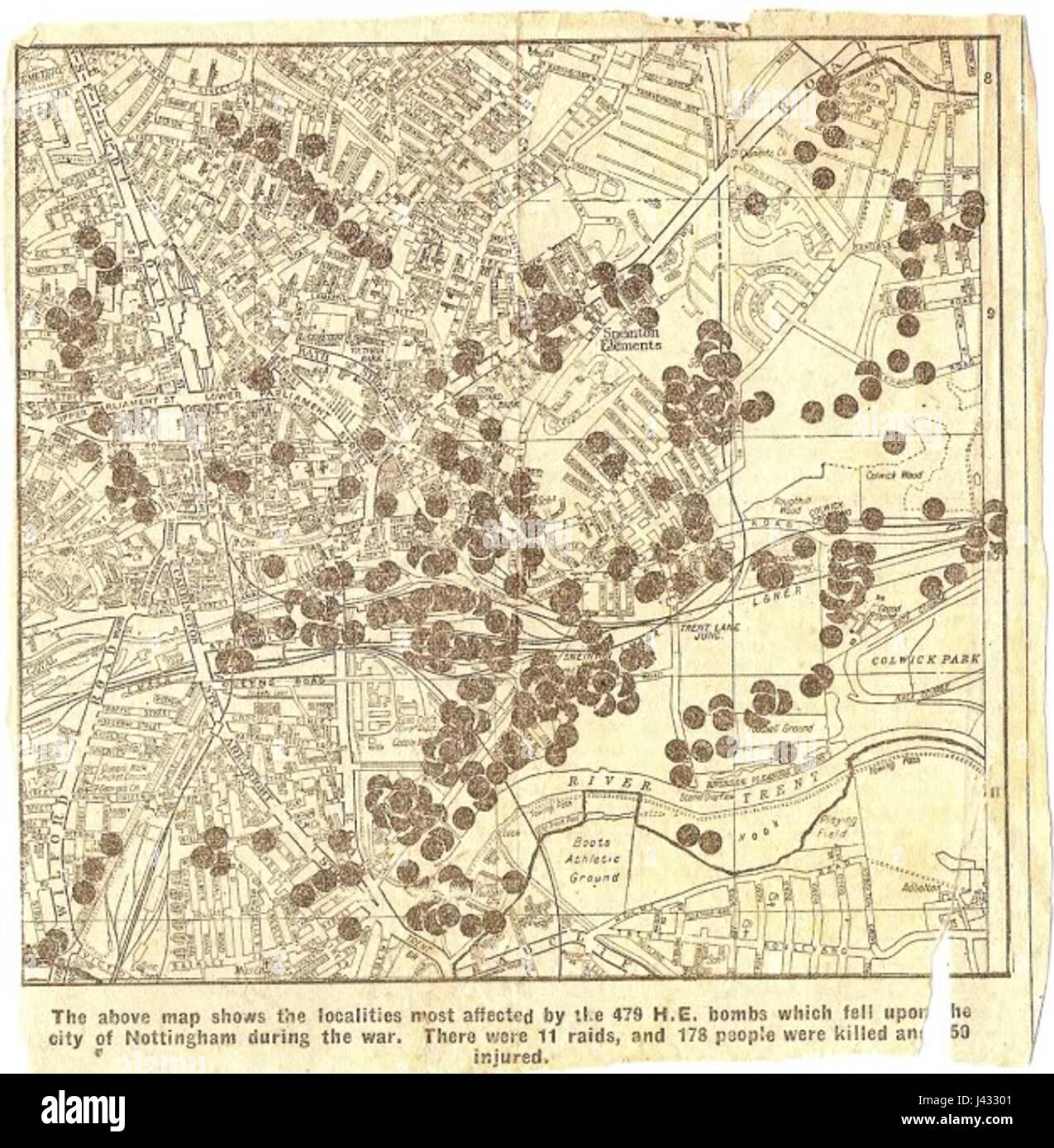 Map of the locations of bombing in Nottingham during the Second World ...