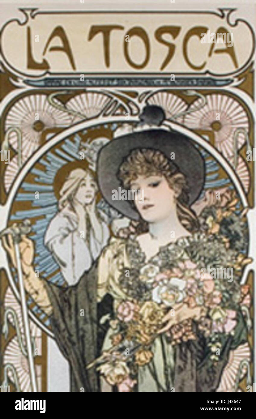A detailed view of a poster by artist Alphonse Mucha for the opera ...