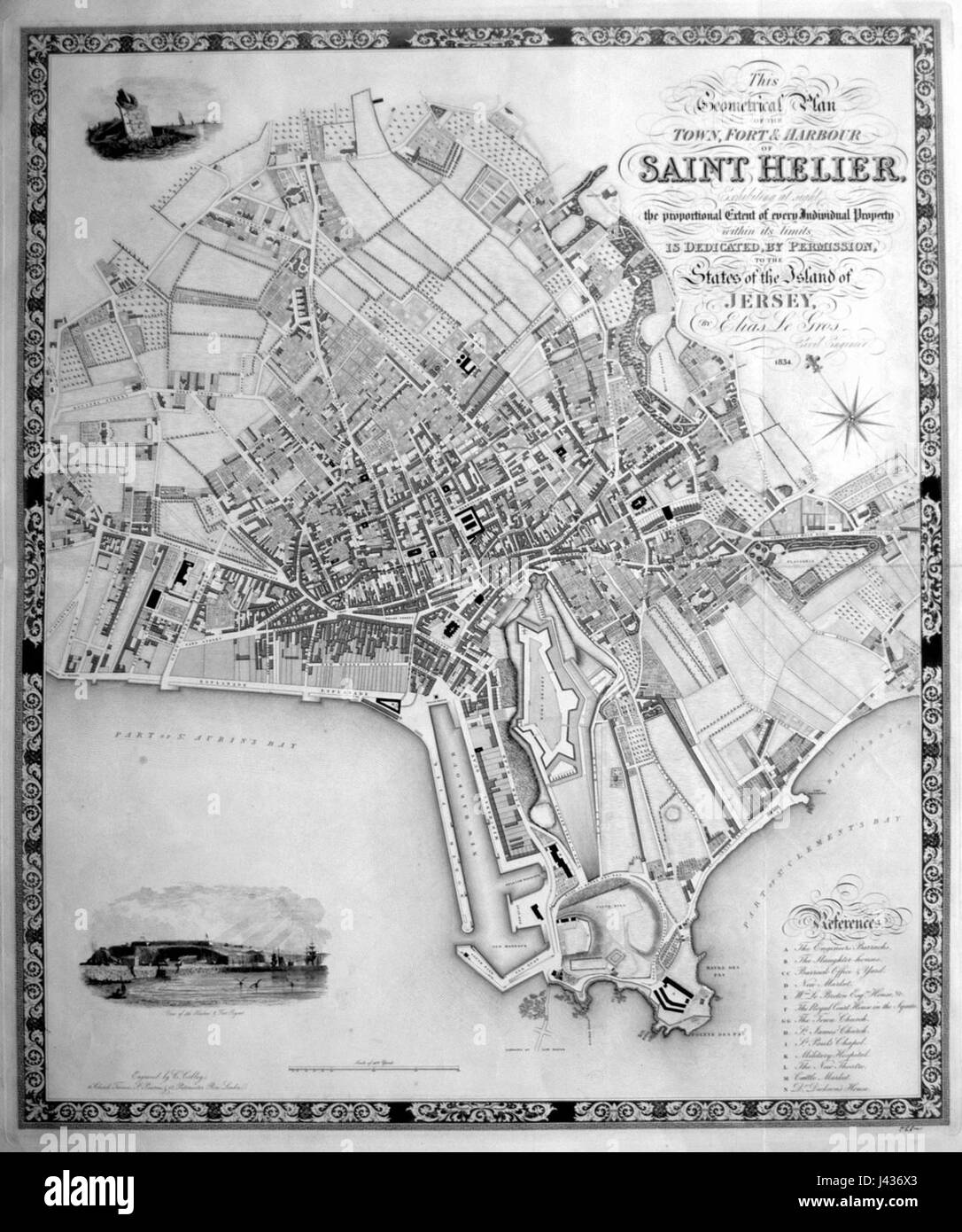 A historical map of St. Helier from 1834, showcasing the development of ...