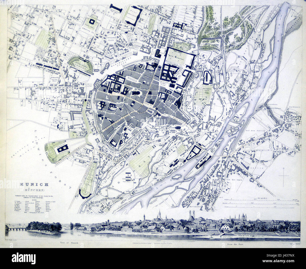 This map from 1844 showcases the city of Munich, providing a detailed ...