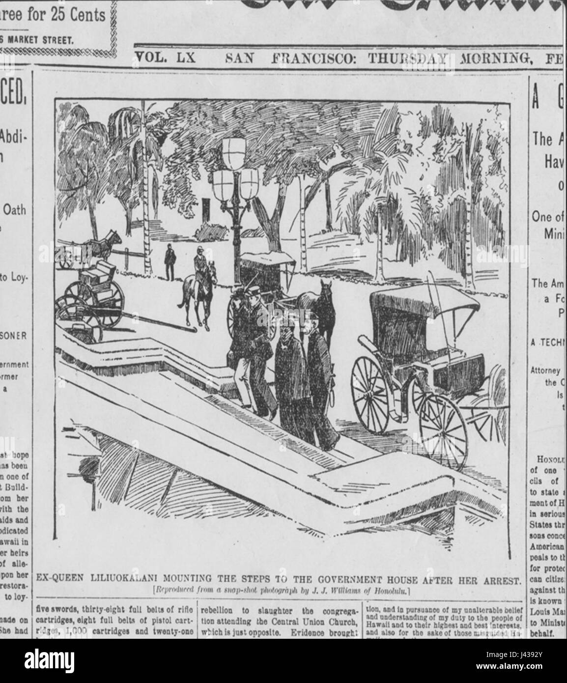 This image depicts Queen Liliuokalani entering the palace for her trial ...