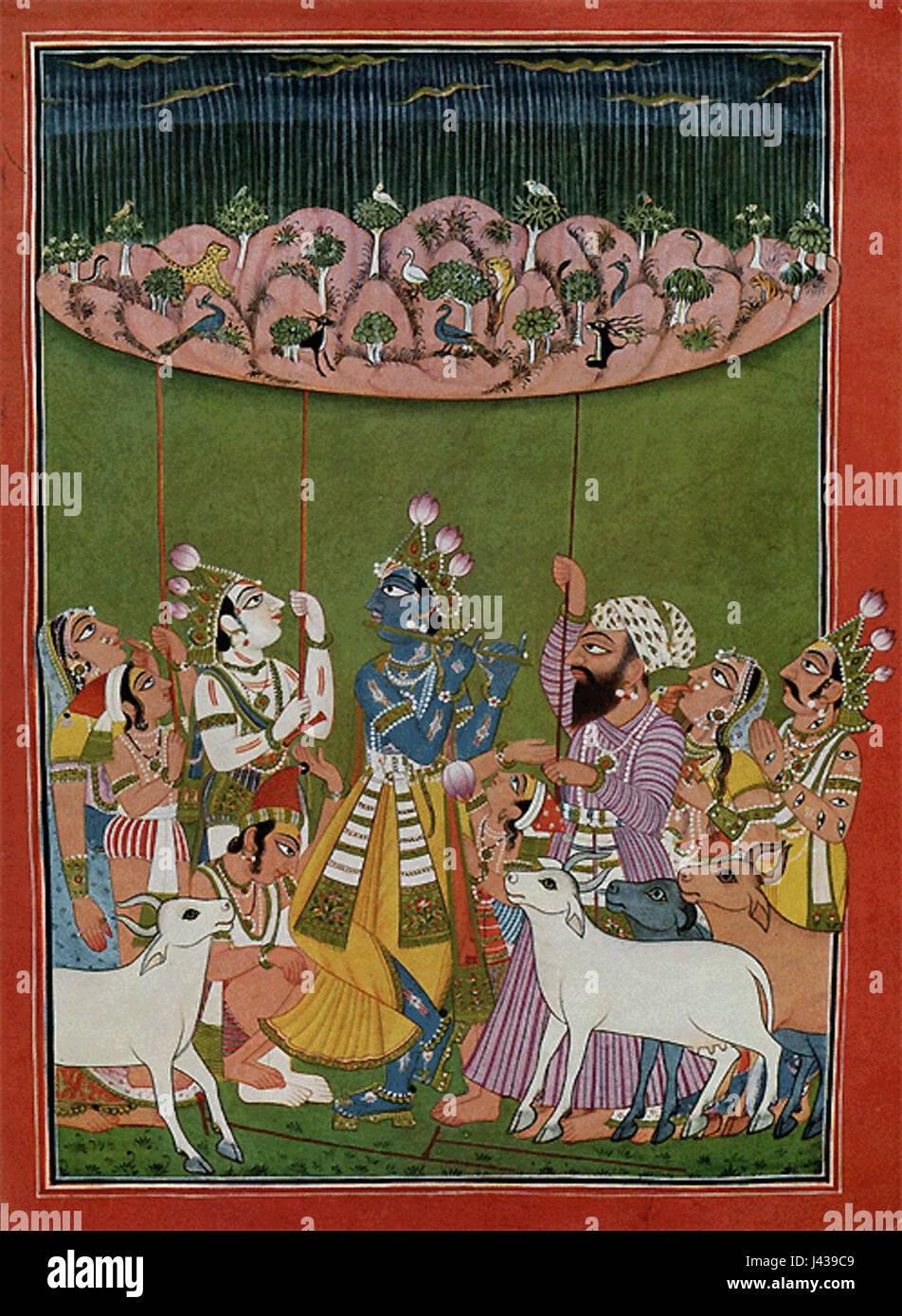 The image or artwork depicting the Hindu deity Krishna lifting the ...