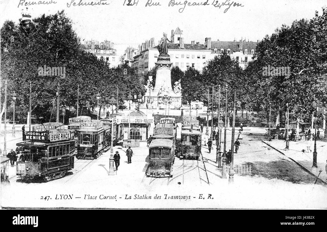 The image captures the tramway system in Lyon, focusing on the Place ...