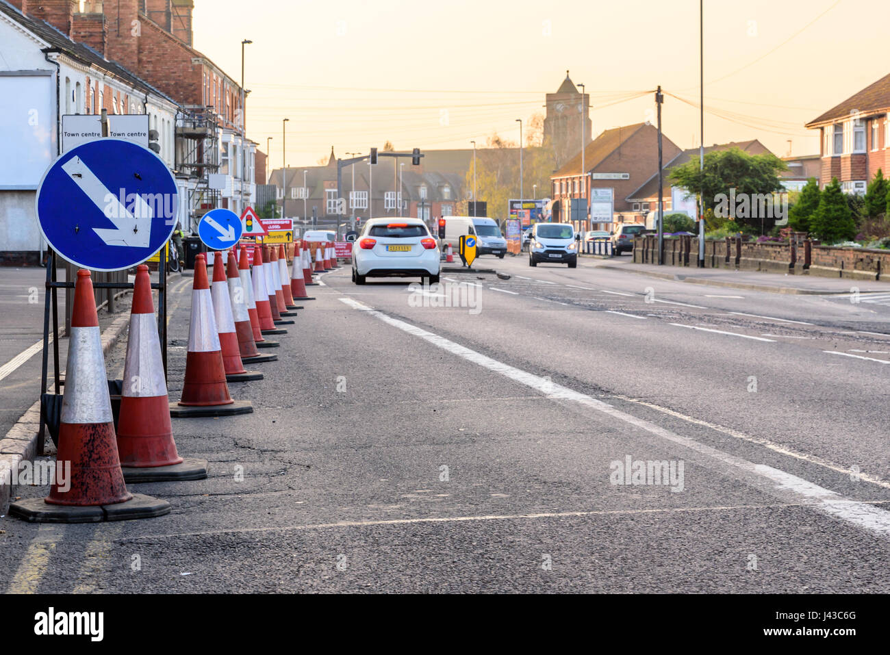 Evening view UK Motorway Services Roadworks Cones Stock Photo - Alamy