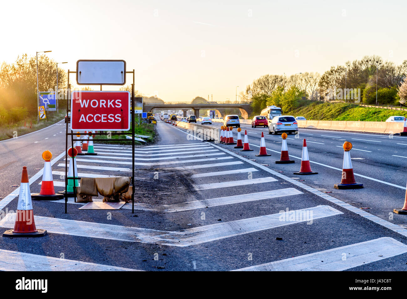 Works Access Only Sign on UK Motorway Evening Stock Photo - Alamy