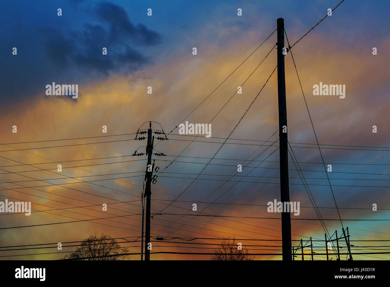 electricity poles at sunset with colorful cloud sunset sky power line ...