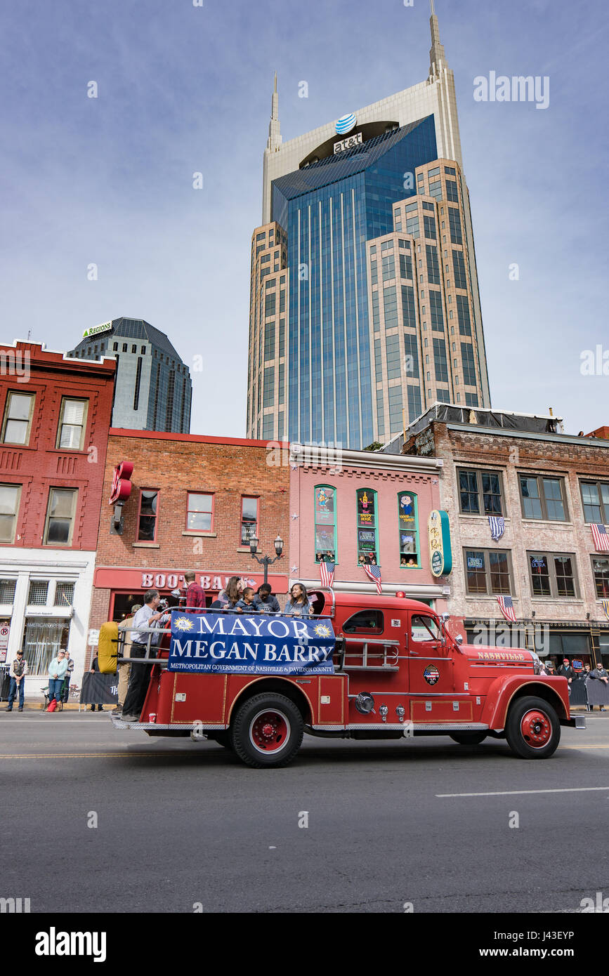 Vintage fire engine bearing Mayor Megan Barry banner in the Nashville ...