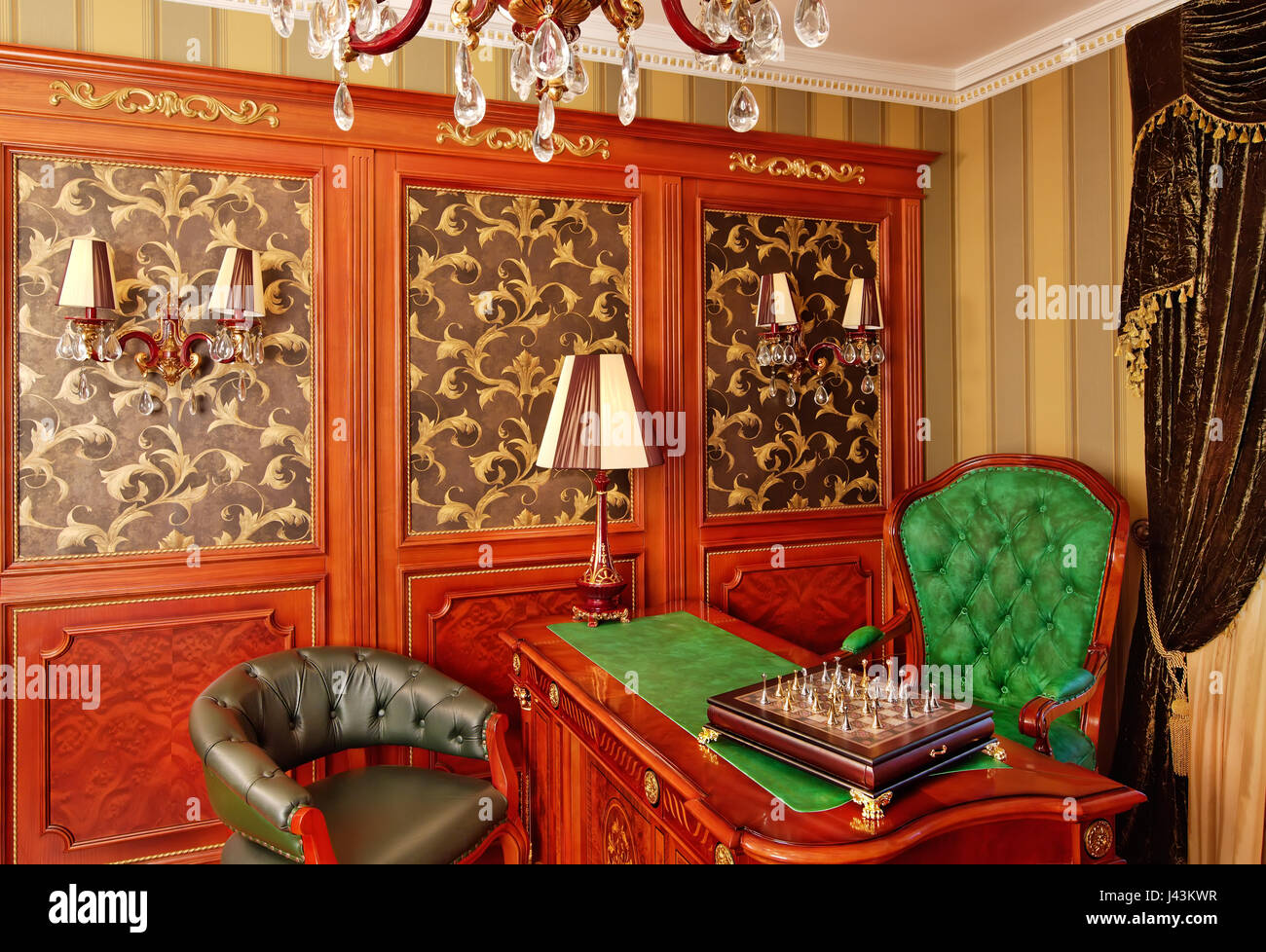 Classical interior style library working space with antique furniture ...