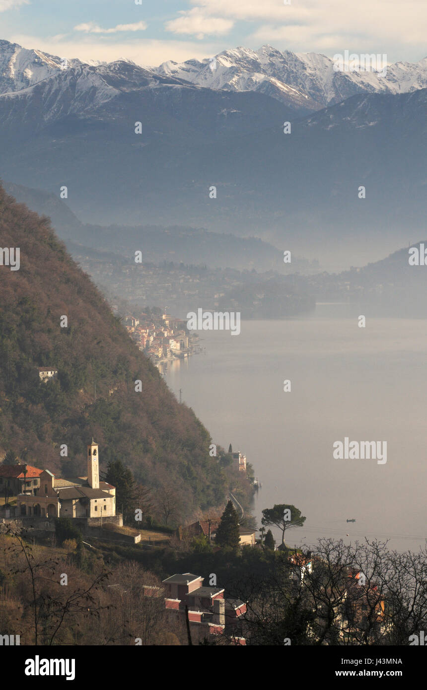 San Sisinnio church over Argegno overlooking Lake Como, Italy Stock ...