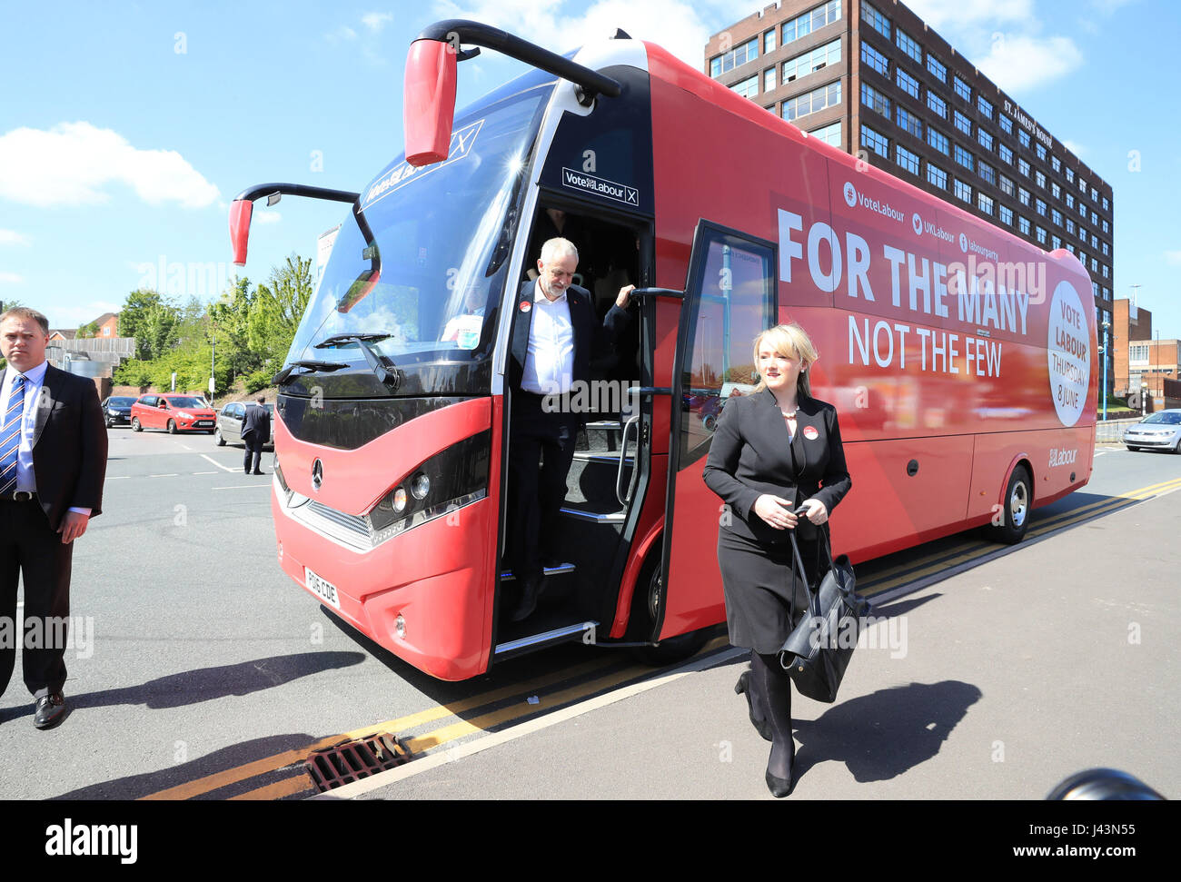 Labour leader Jeremy Corbyn getting off his battlebus as he arrives in ...