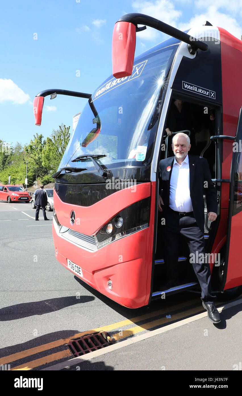 Labour leader Jeremy Corbyn getting off his battlebus as he arrives in ...