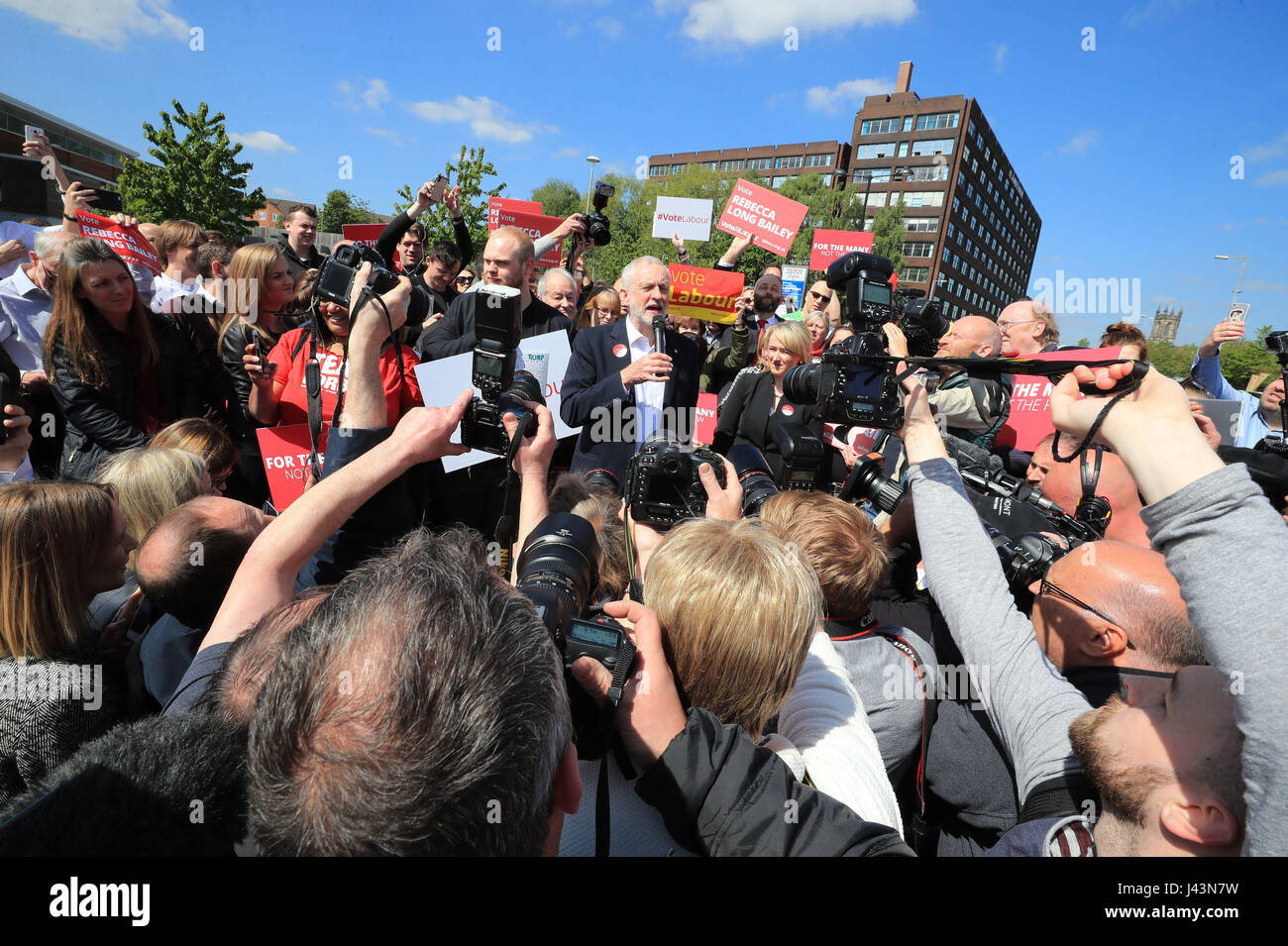 Labour leader Jeremy Corbyn with local candidate Rebecca Long-Bailey ...