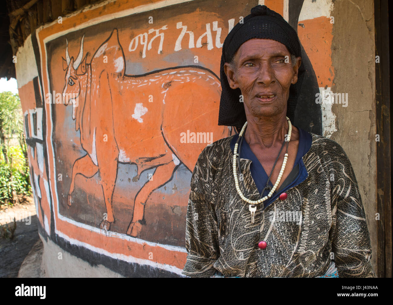 Ethiopian woman standing in front of her traditional painted house ...