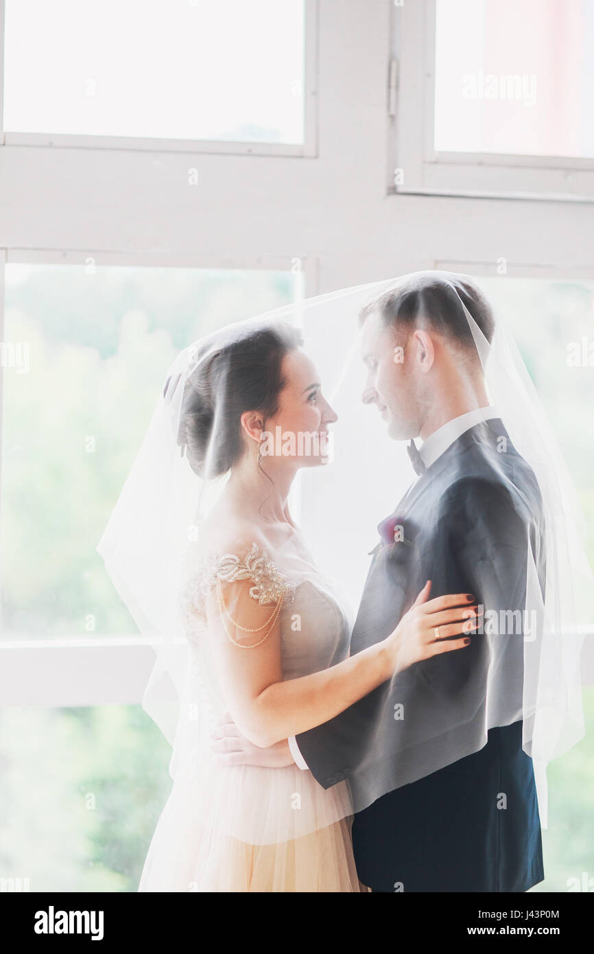 Wedding.Beautiful bride and groom portrait with veil over face. Stylish ...