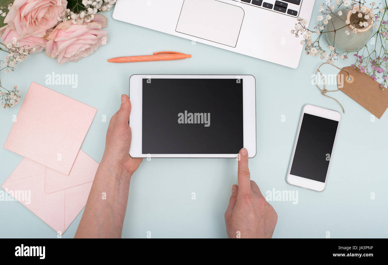 romantic office desk tablet header Stock Photo - Alamy