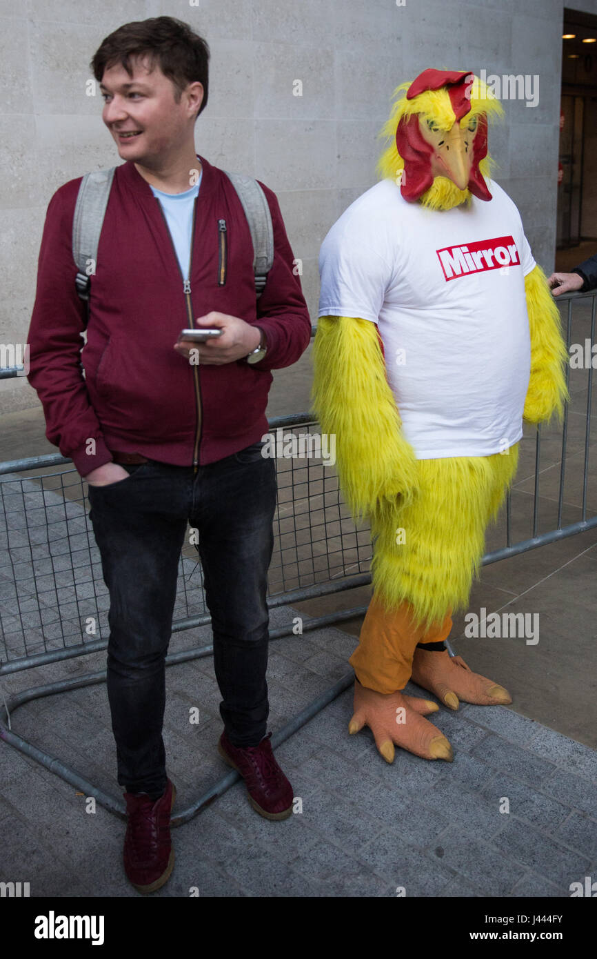 London, UK. 9th May, 2017. 'Mirror Chicken' protests outside the BBC's ...
