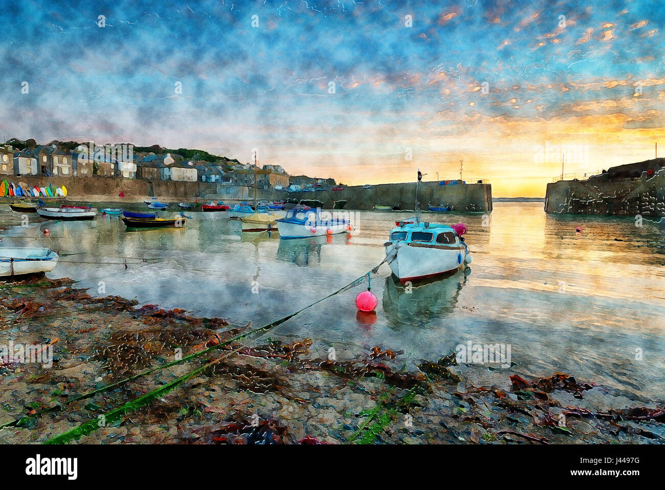 Watercolour painting of sunrise over boats in the harbour at Mousehole ...