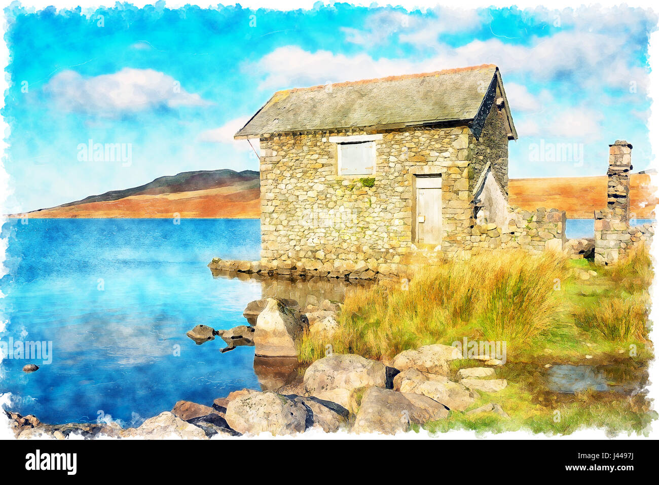 Watercolor paiinting of the ruins of an ancient stone boathouse at ...