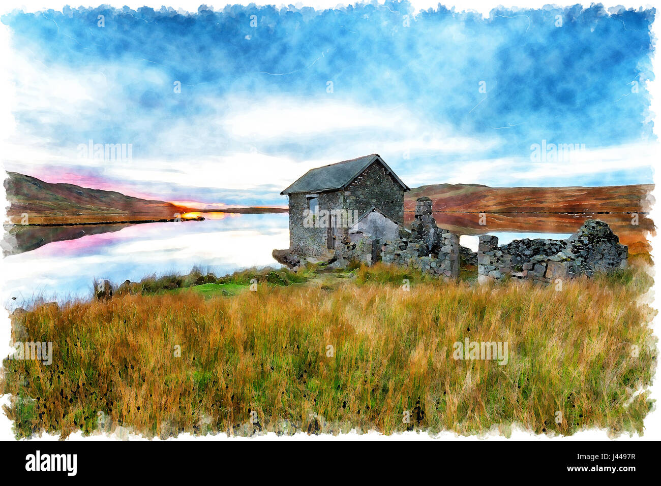 Watercolor painting of the ruins of an old boat house on the shores of ...