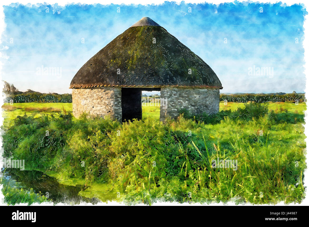 Watercolour painting of a round thatched barn known as a linhay on ...