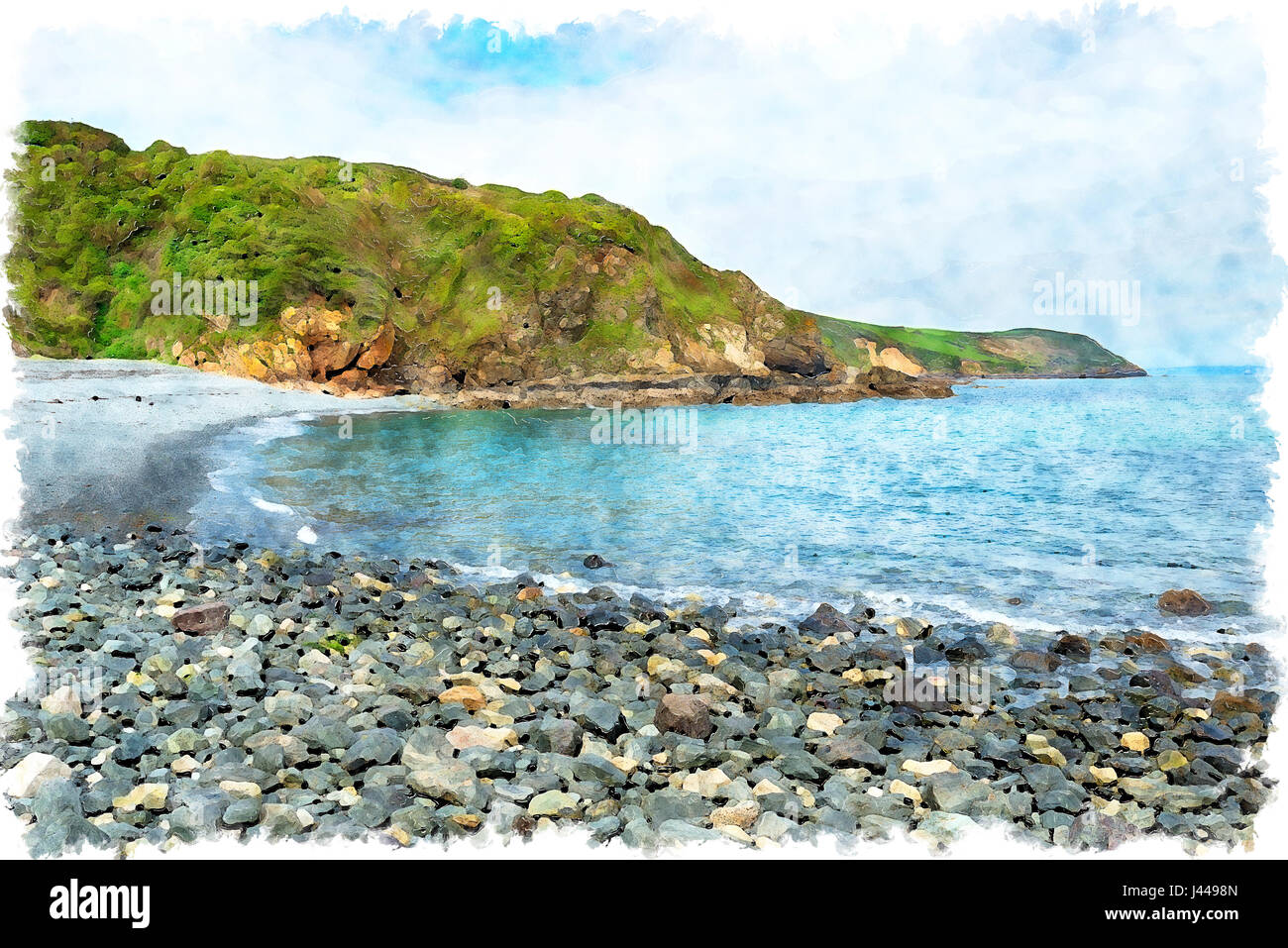 Water colour painting of Porthallow Cove, a quiet unspolit beach on the ...