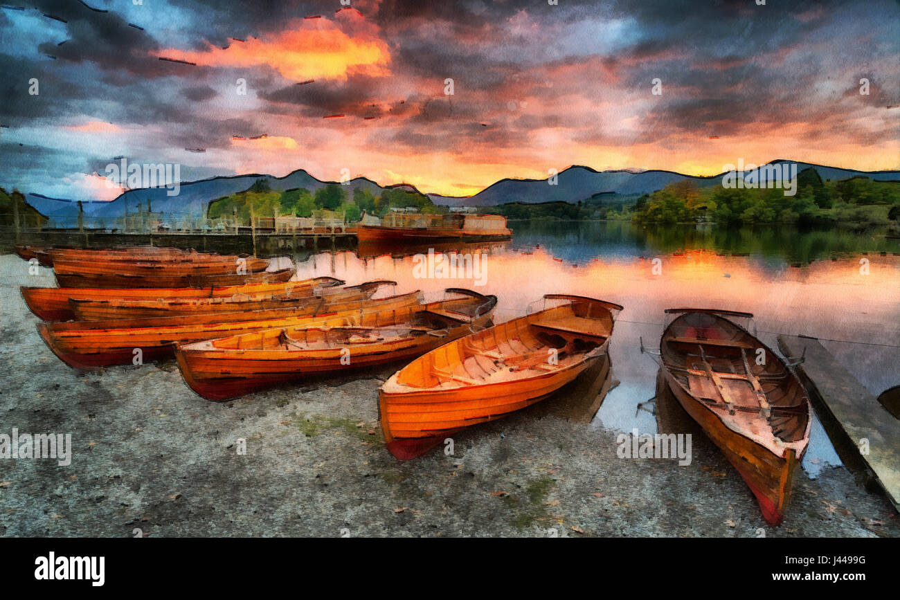 An oil painting of boats on the shore of Derwentwater in the Lake ...