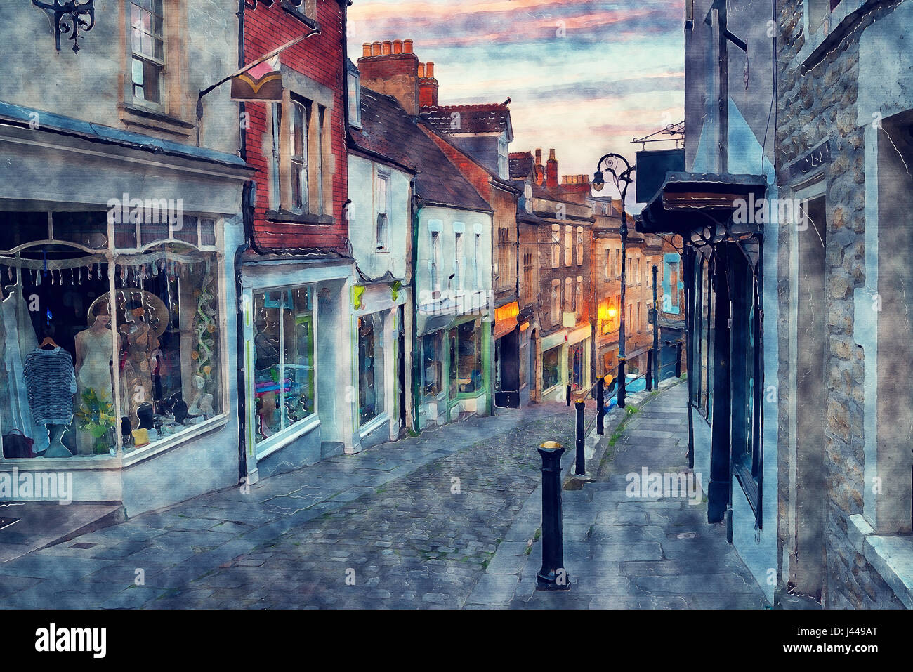 Water colour painting of dusk on Catherine Hill, a cobbled street of ...
