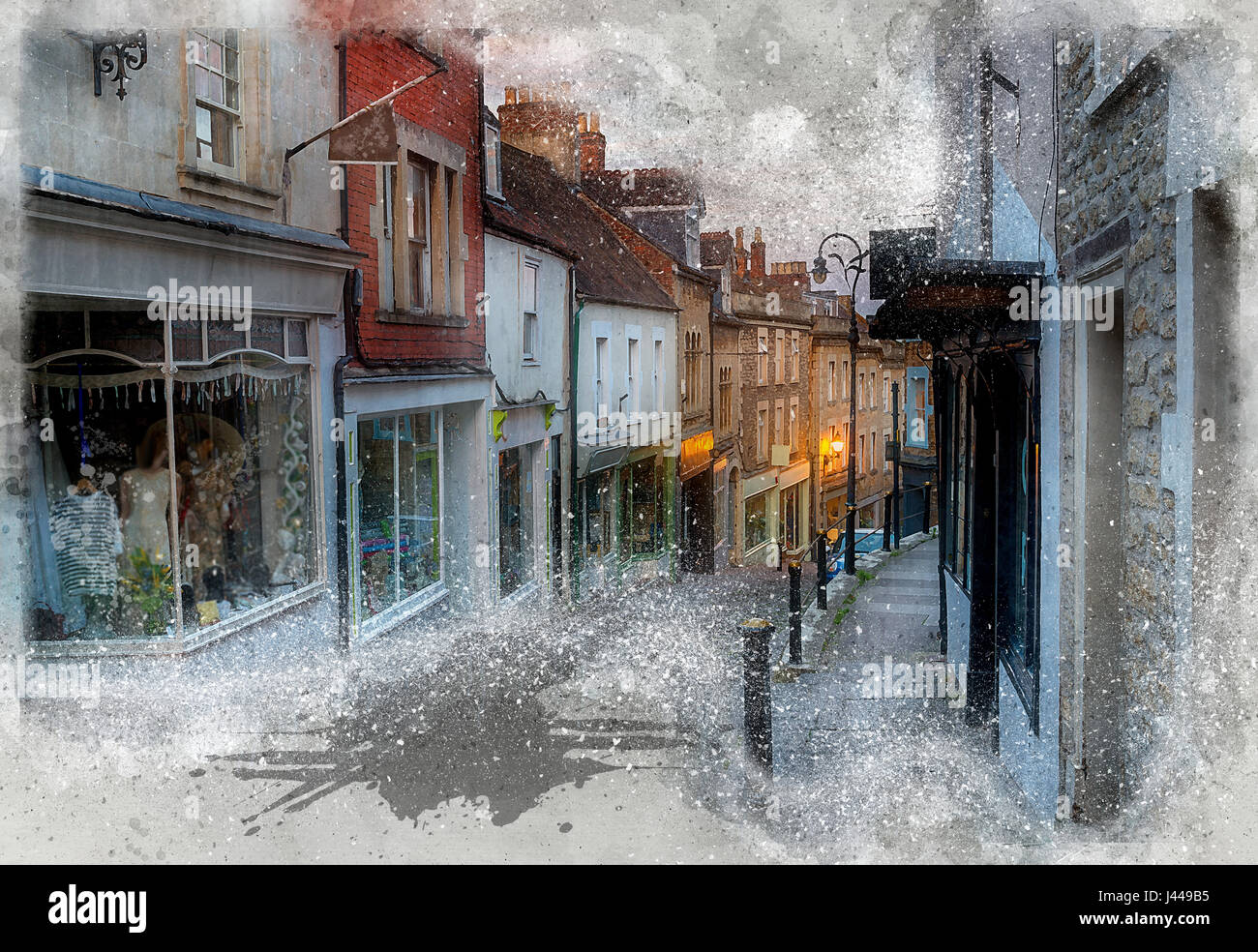 Abstract water colour painting of dusk on Catherine Hill a cobbled ...