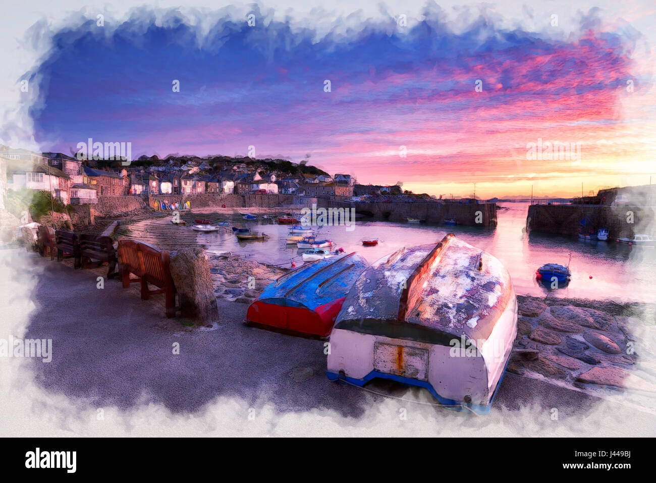 Watercolour painting of a beautiful sunrise over the harbour at ...