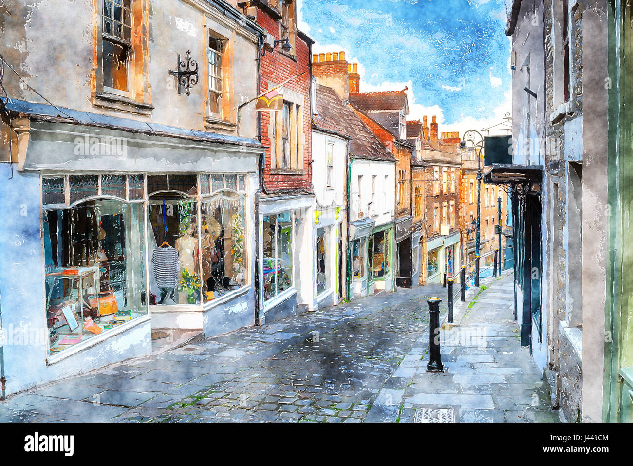 Watercolour painting of cobbled streets at Catherines Hill in Frome ...