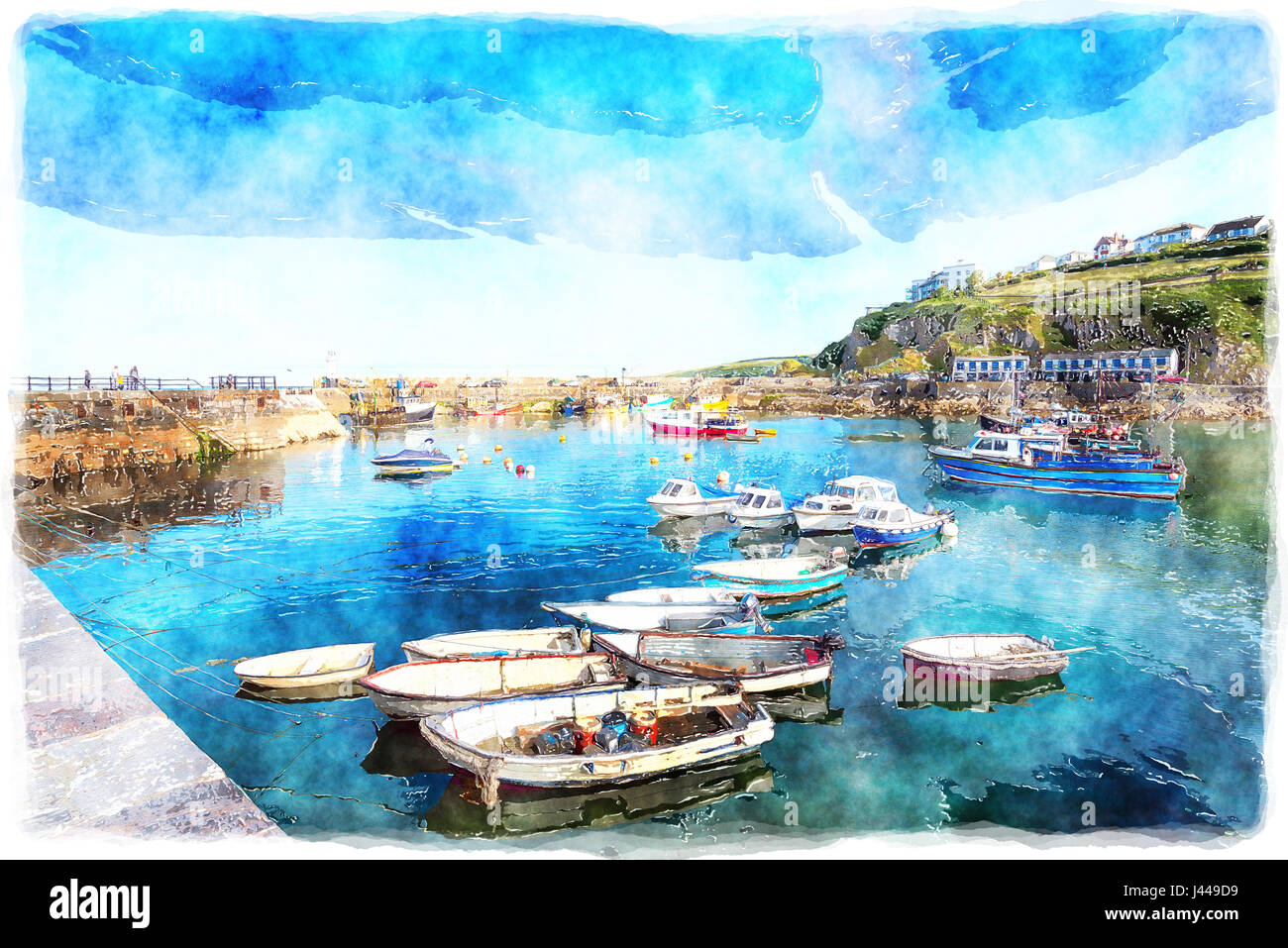 Watercolour painting of the harbour at Mevagissey on the south coast of ...