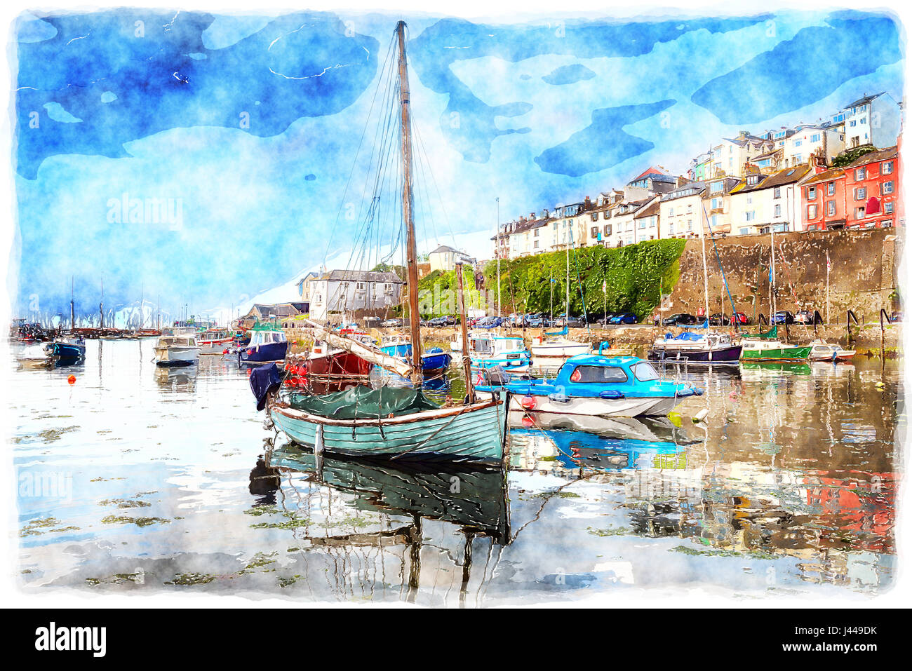 Watercolour painting of the harbour at Brixham, a pretty fishing ...
