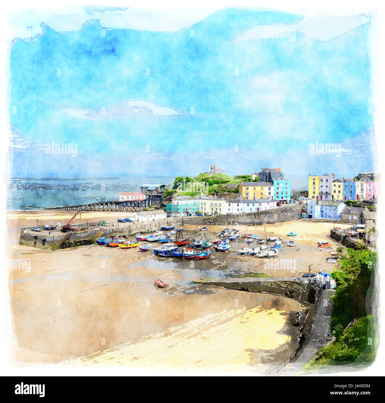 Watercolour painting of colourful seafront houses on the harbour at ...