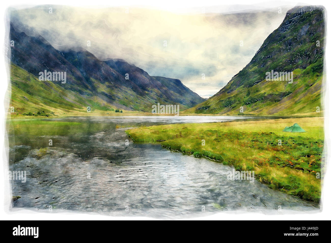 Water colour painting of the shores of Loch Achtriochtan at Glencoe in ...