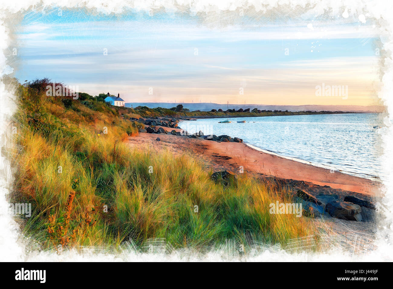 A water colour painting of the beach at Crow Point at Braunton Burrows ...