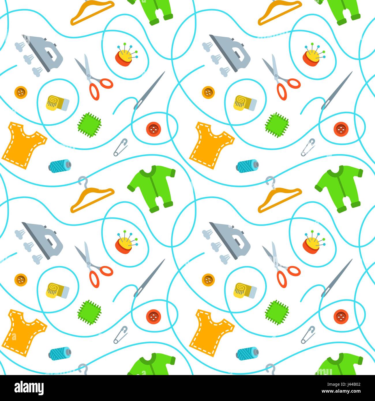 Vector seamless pattern with sewing tools flat icons scattered on white ...