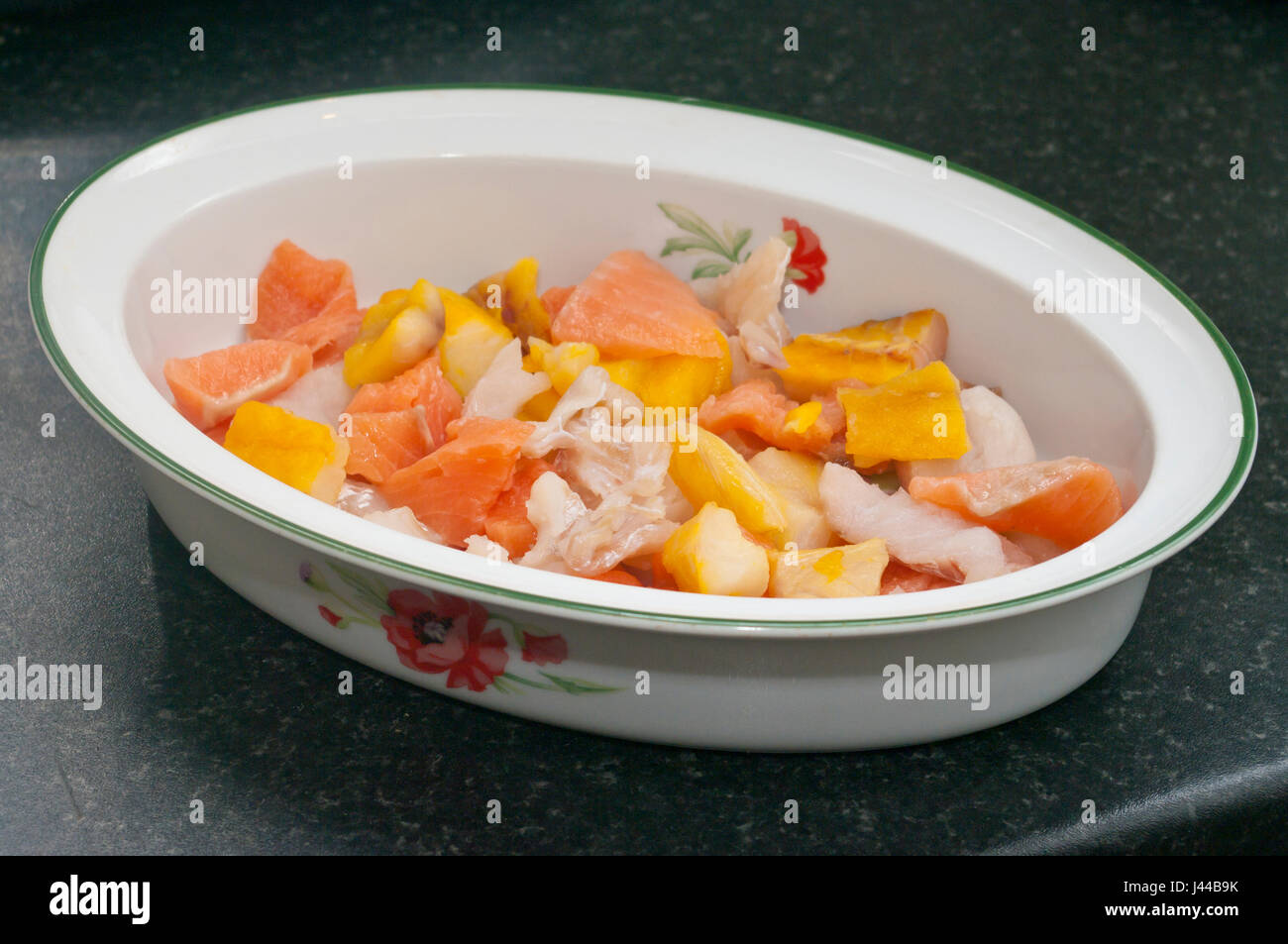 Fish Ingredients For A Fish Pie Cod Smoked Haddock and Salmon In A Dish ...