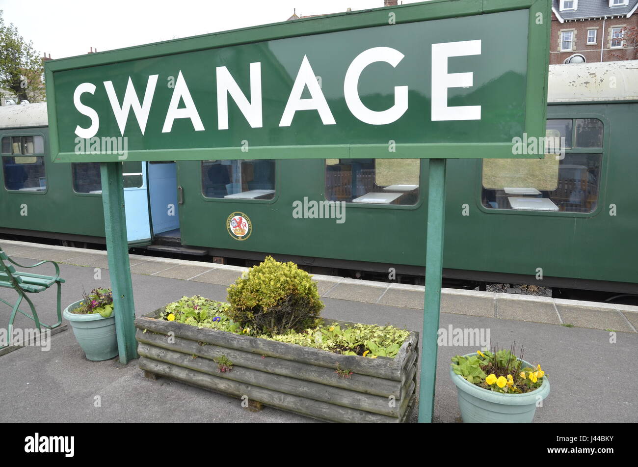 The sign at Swanage Station on the restored Swanage Railway in Dorset ...