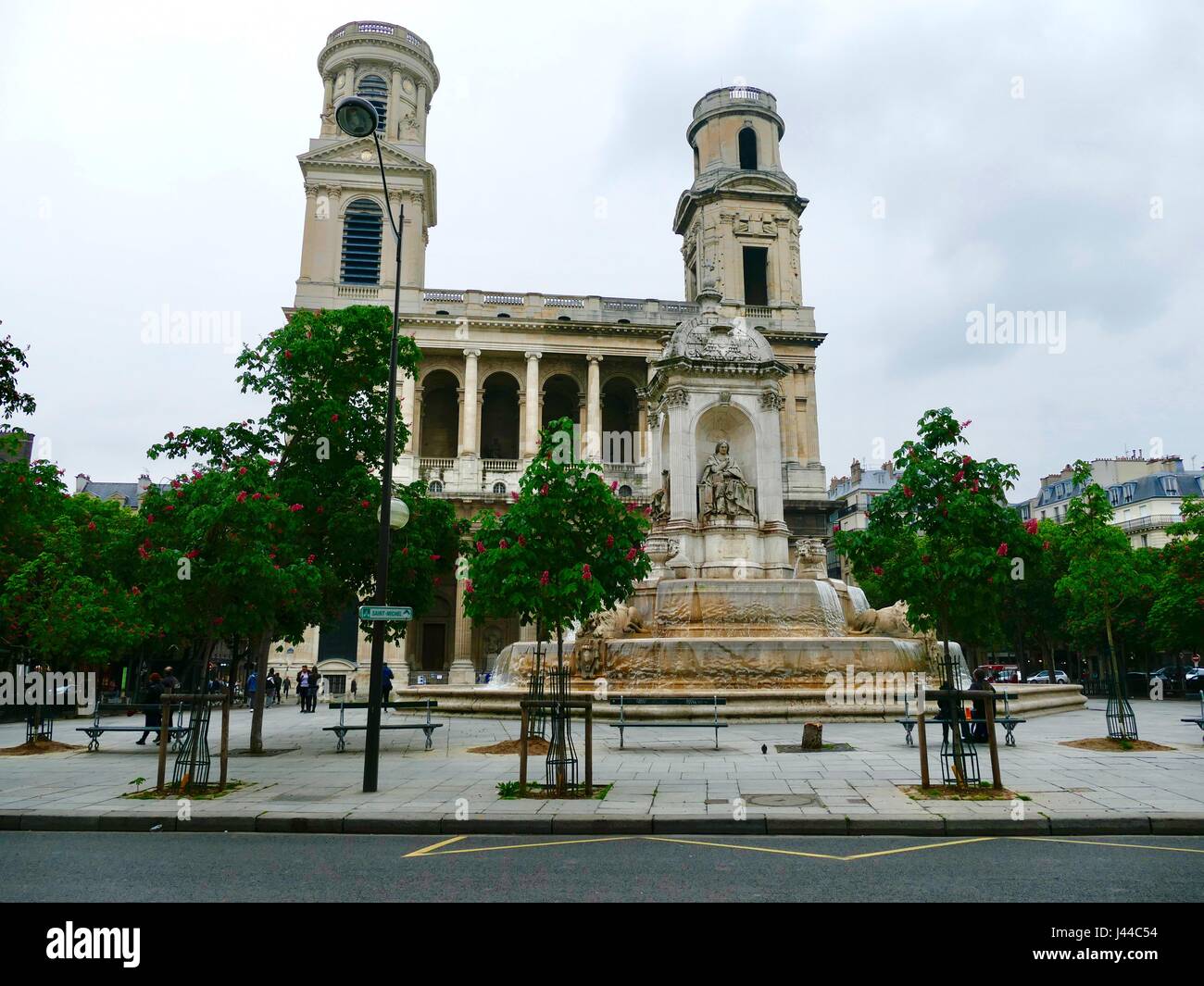 Saint-Sulpice Church and Fountain on a rainy day in May, Paris, France ...